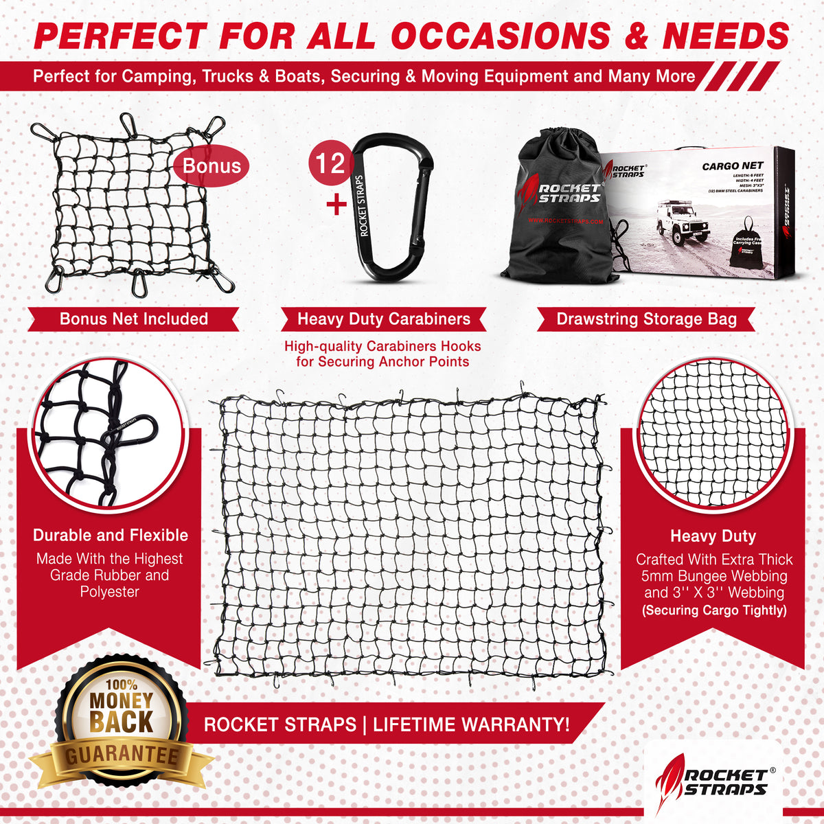 Rocket Straps Cargo Net 4’X6’ Stretches to 8’X12’